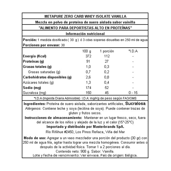 Metapure Whey Protein Isolate Zero Carb 908 Grs – QNT Chile